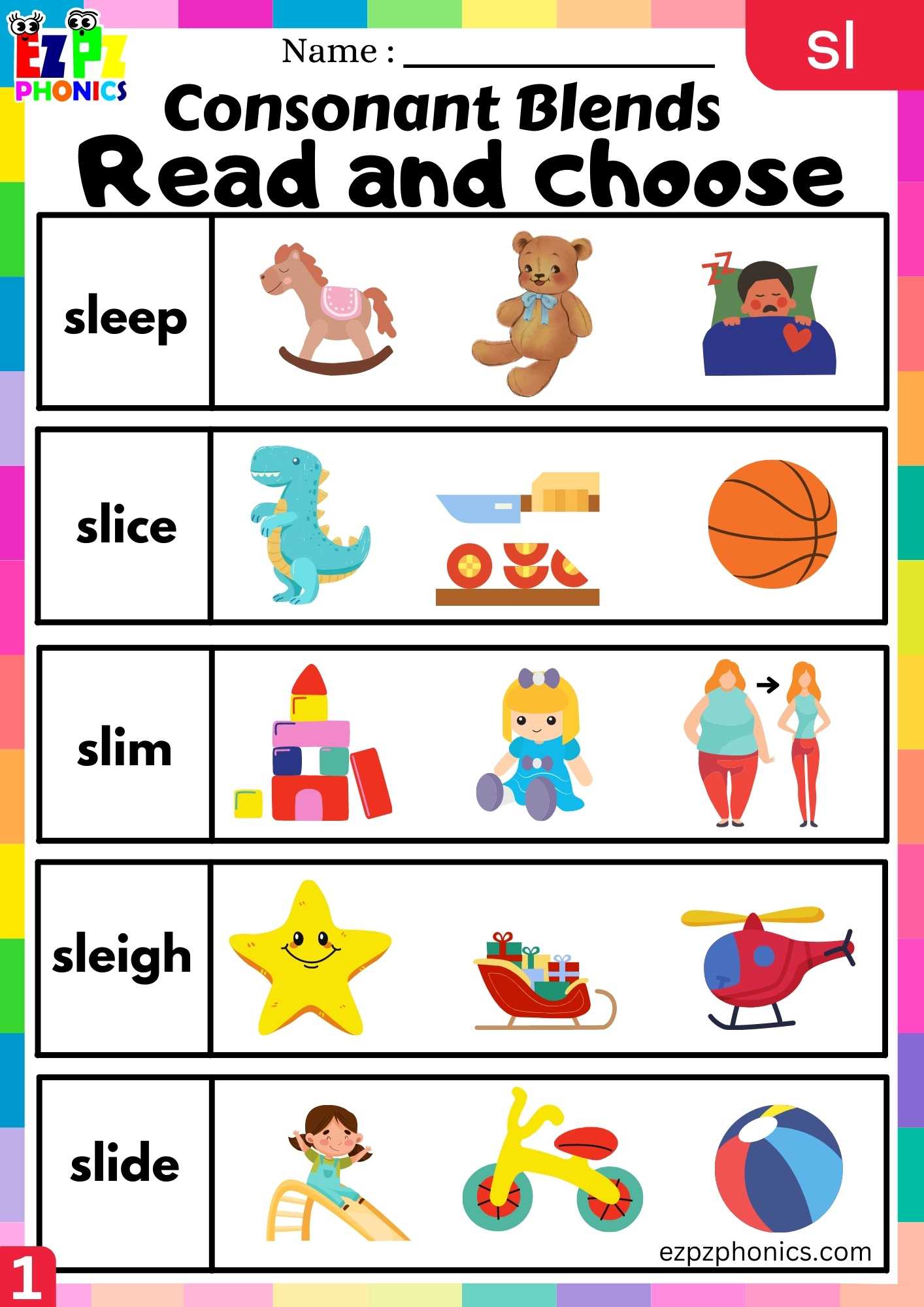Group1 SL Words Read And Choose Phonics Consonant Blends Worksheet - ezpzphonics.com